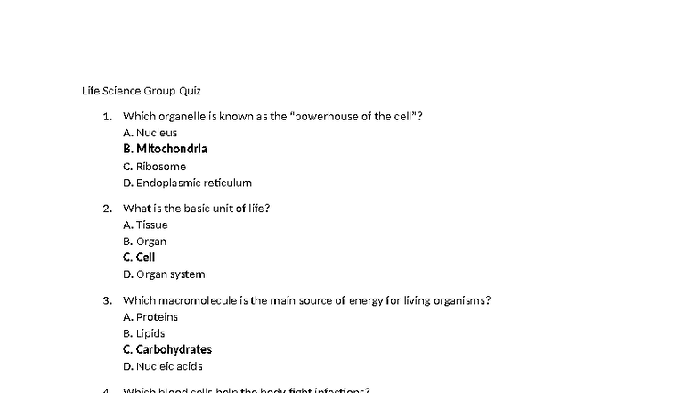 Life Science Group Quiz 1: Key Concepts and Questions - Studocu