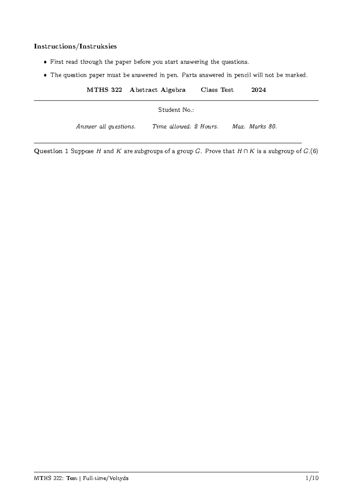 MTHS 322: Abstract Algebra Class Test Questions and Guidelines - Studocu