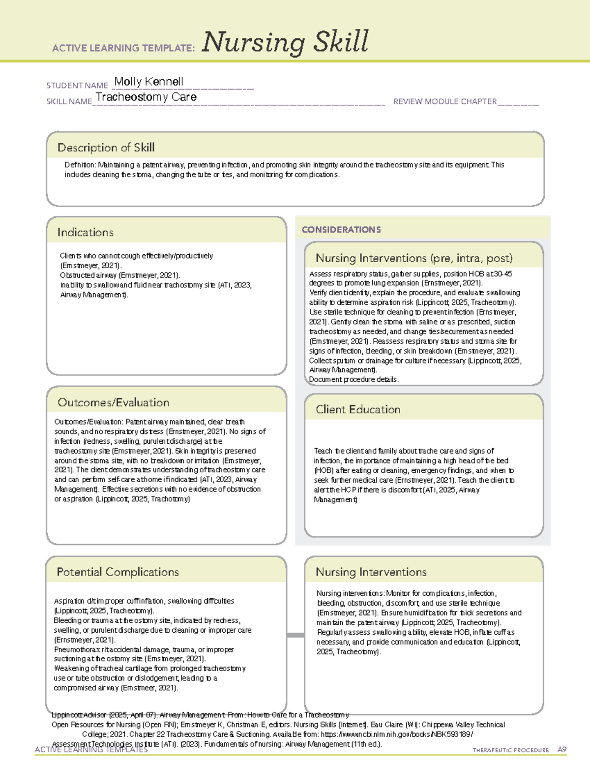 ALT - Tracheostomy Care Nursing Skill Review Template - Studocu