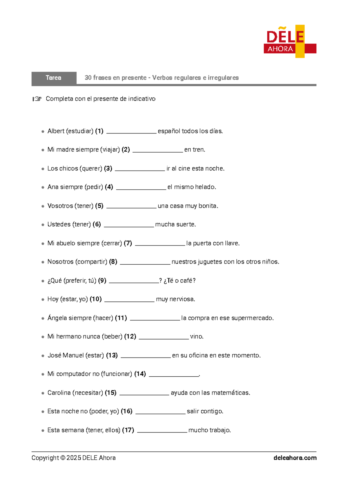 R Tarea 30 Frases en Presente: Verbos Regulares e Irregulares - Studocu