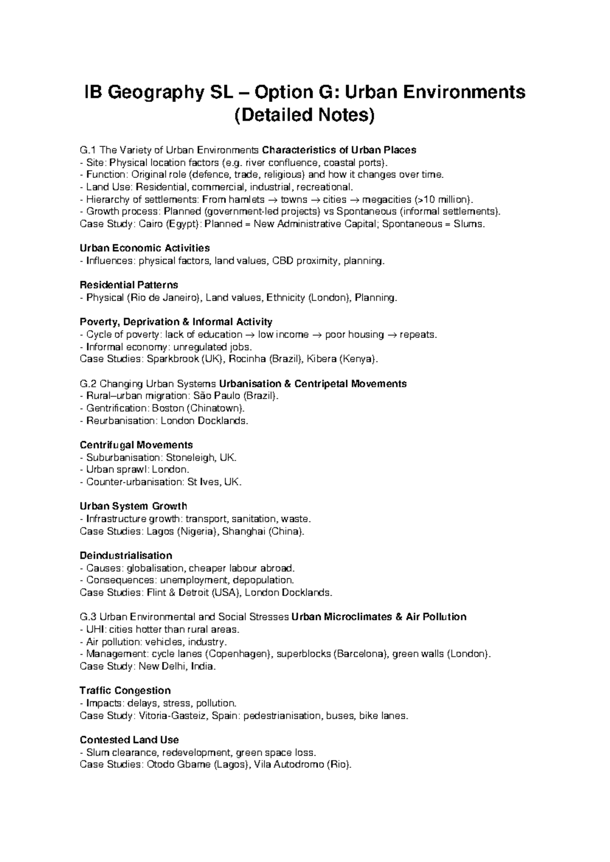 IB Geography SL Option G: Urban Environments Detailed Notes - Studocu