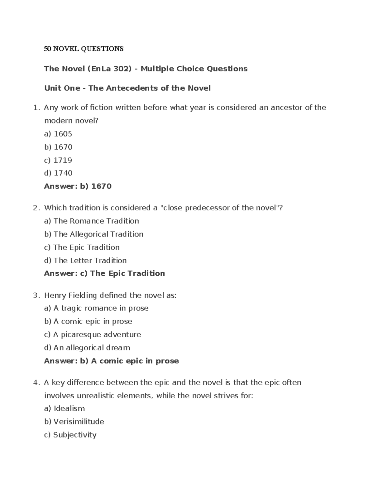 50 Novel Questions (EnLa 302) - Genres of Literature - Studocu