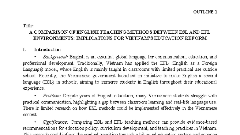 OUTLINE 1: COMPARING ESL & EFL TEACHING METHODS IN VIETNAM - Studocu