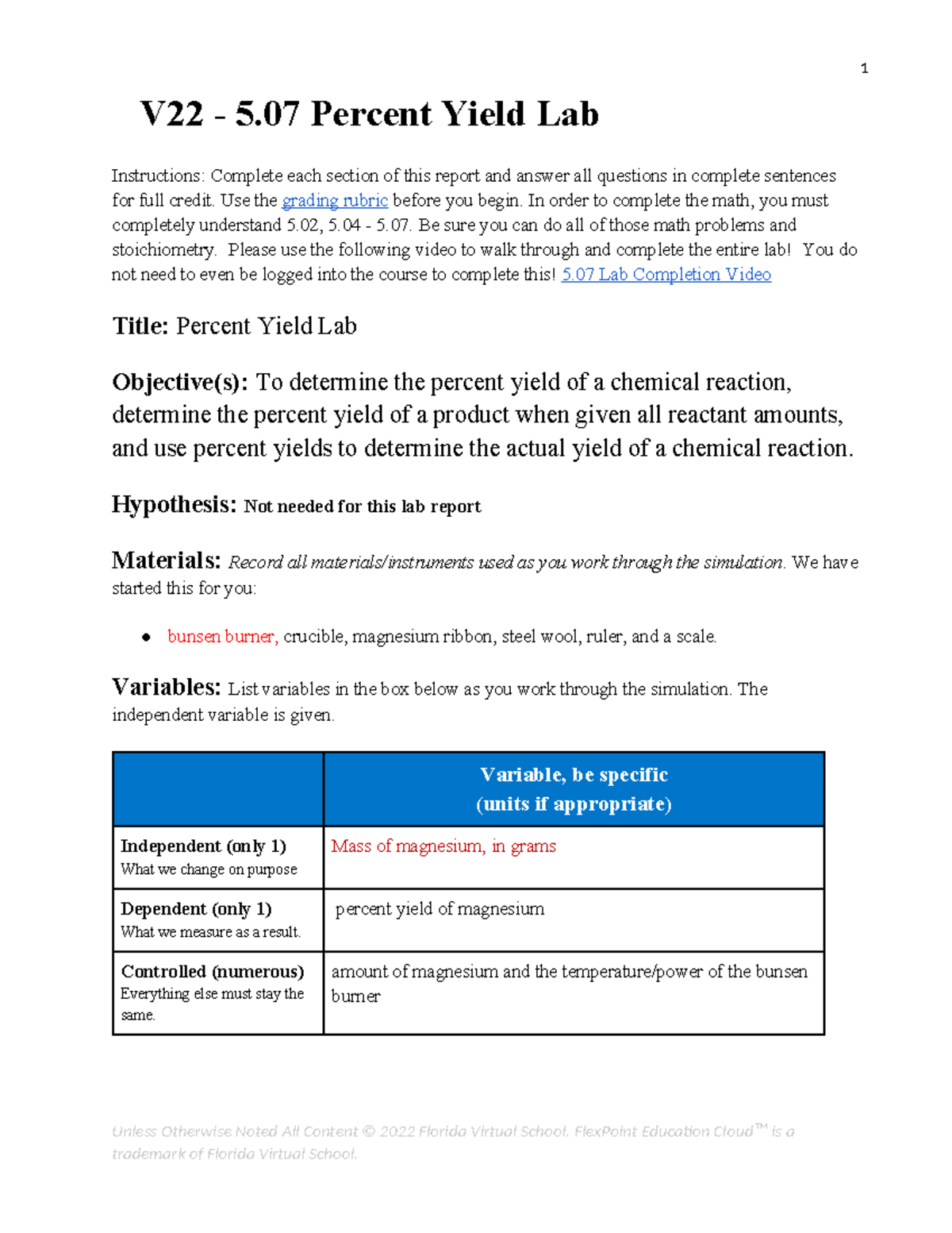 Copy of 5.07 Percent Yield Lab Report chem - V22 - 5 Percent Yield Lab ...