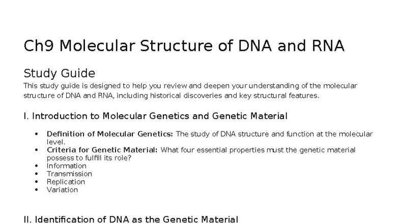 Molecular Structure of DNA & RNA Study Guide (Ch9) - Studocu