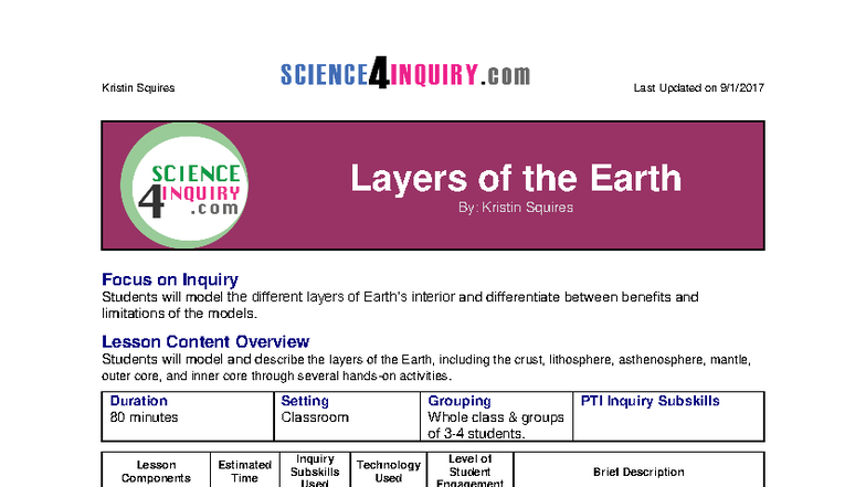 Earth Layers Science 8 Lesson Plan: Modeling Earth's Interior - Studocu