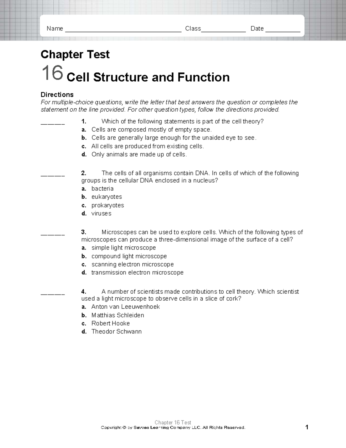 Chapter 16 Test: Cell Structure and Function Analysis (Biology 101 ...