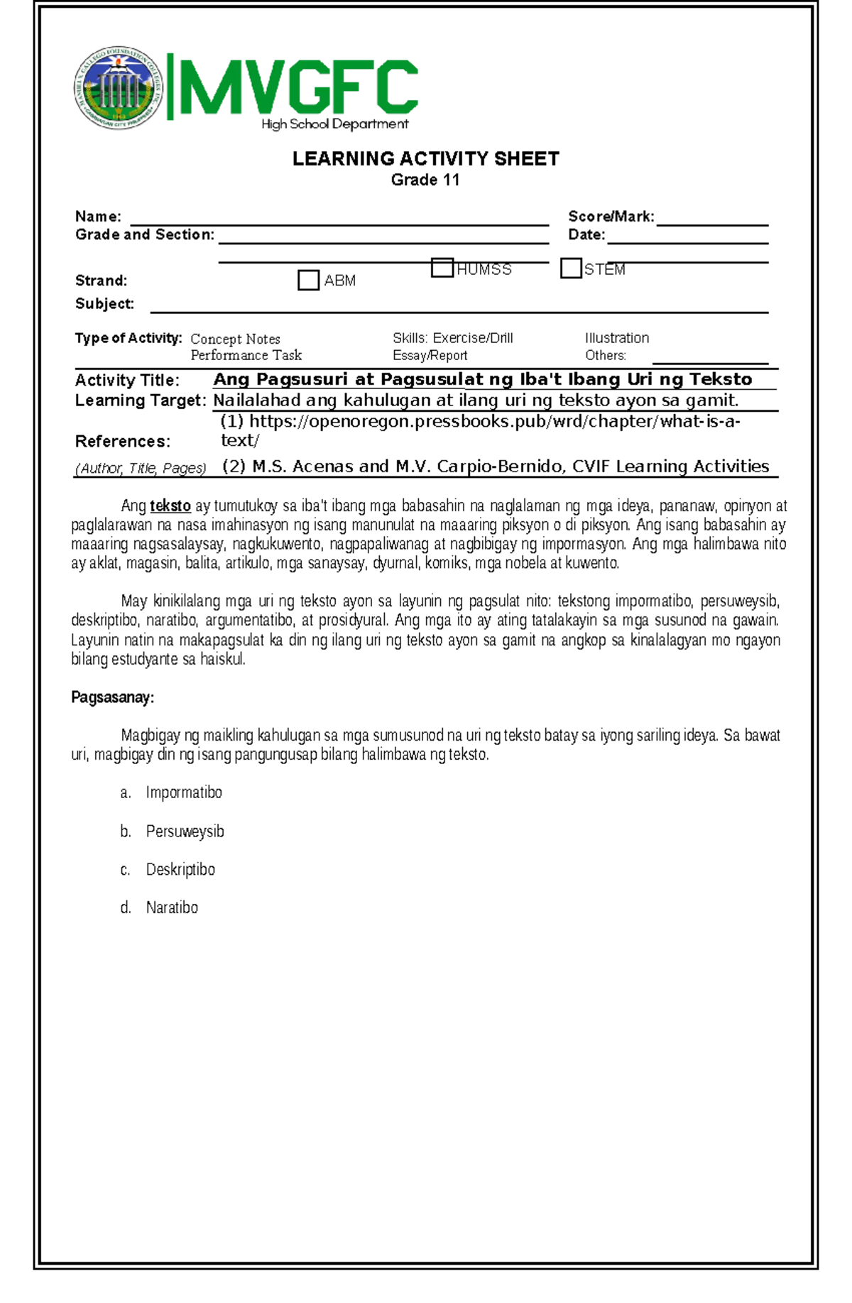 LAS 1 Ang Pagsuri at Pagsulat ng Teksto - LEARNING ACTIVITY SHEET Grade ...