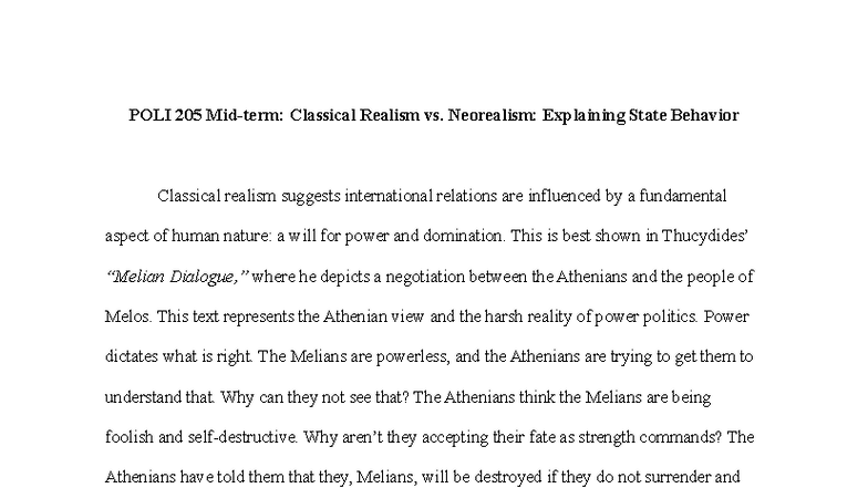 POLI 205 Midterm Exam: Classical Realism vs. Neorealism Analysis - Studocu