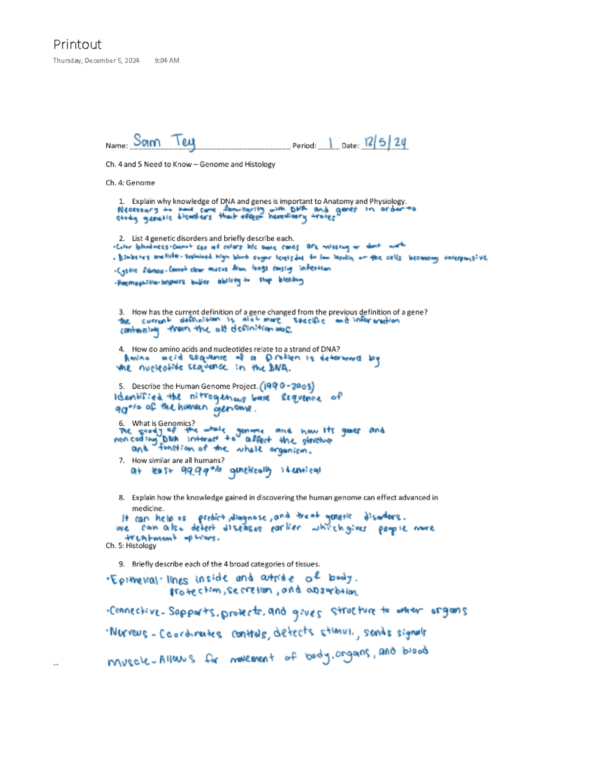 Anatomy - gigug - Printout Thursday, December 5, 2024 9:04 AM Name: Sam ...