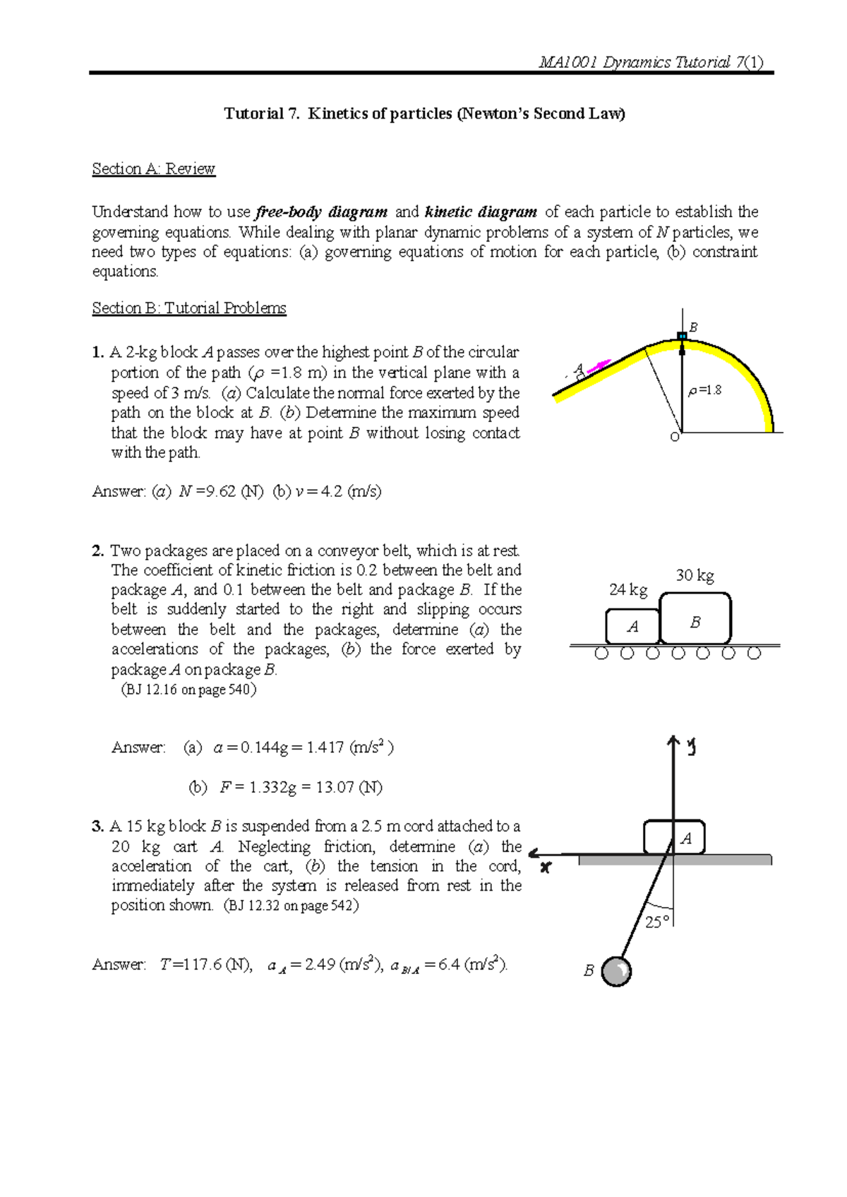 MA1001 Dynamics Tutorial 7: Kinetics of Particles and Problems - Studocu