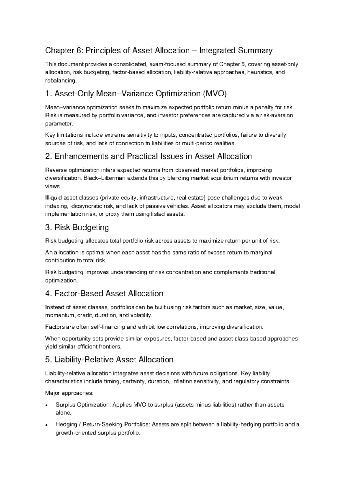Chapter 6: Principles of Asset Allocation - Integrated Summary - Studocu
