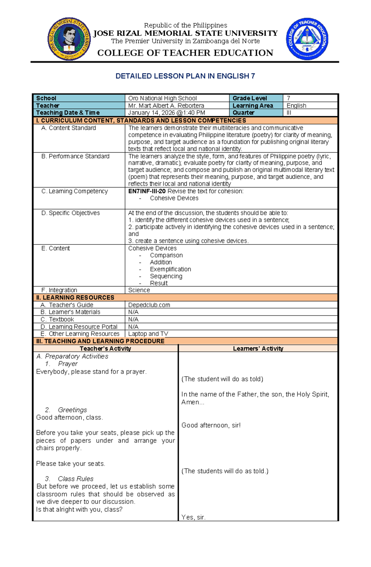 Detailed Lesson Plan on Cohesive Devices for English 7 (EDUC 101) - Studocu