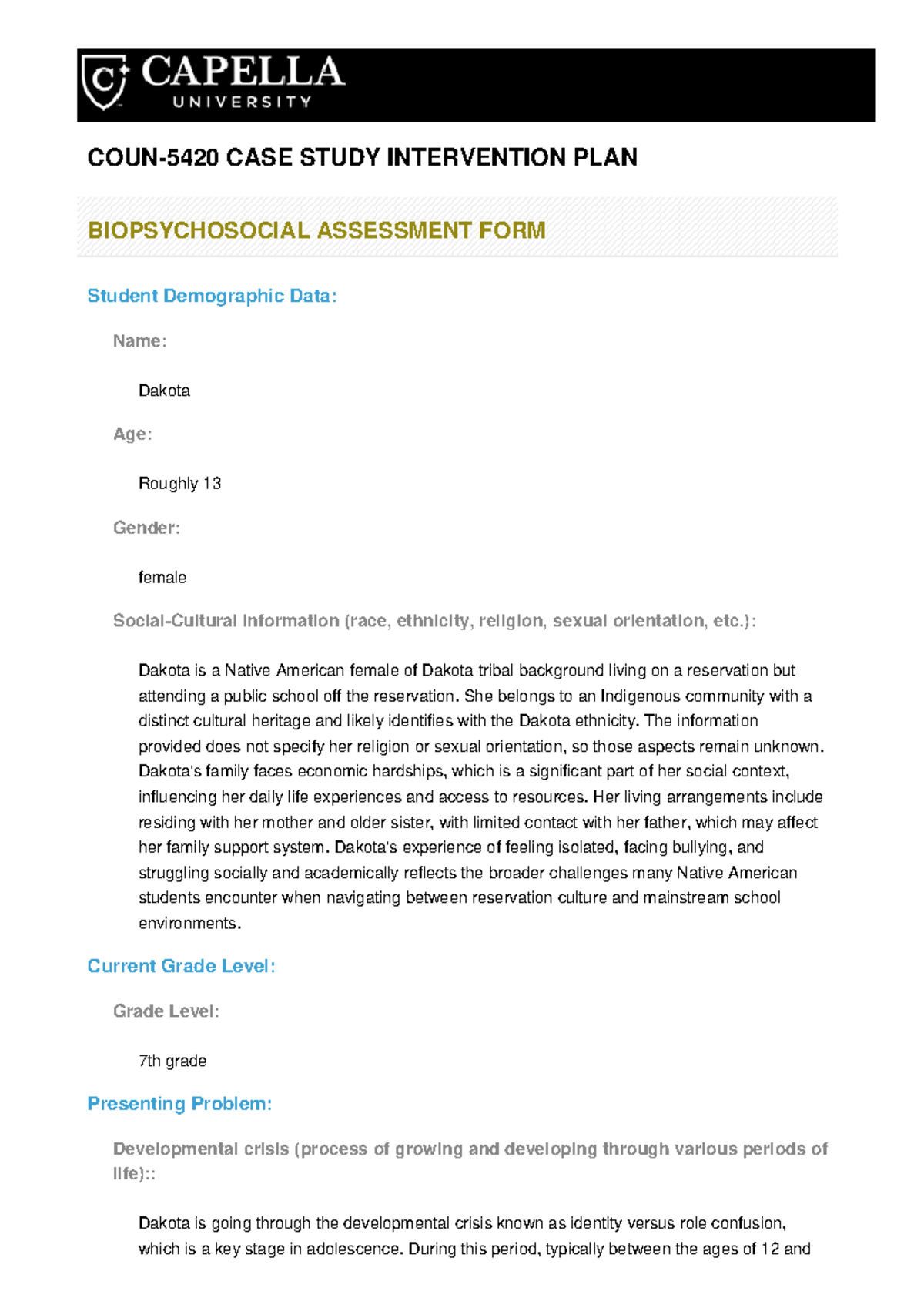 COUN-5420 Case Study: Intervention Plan for Dakota's Psychosocial Needs ...