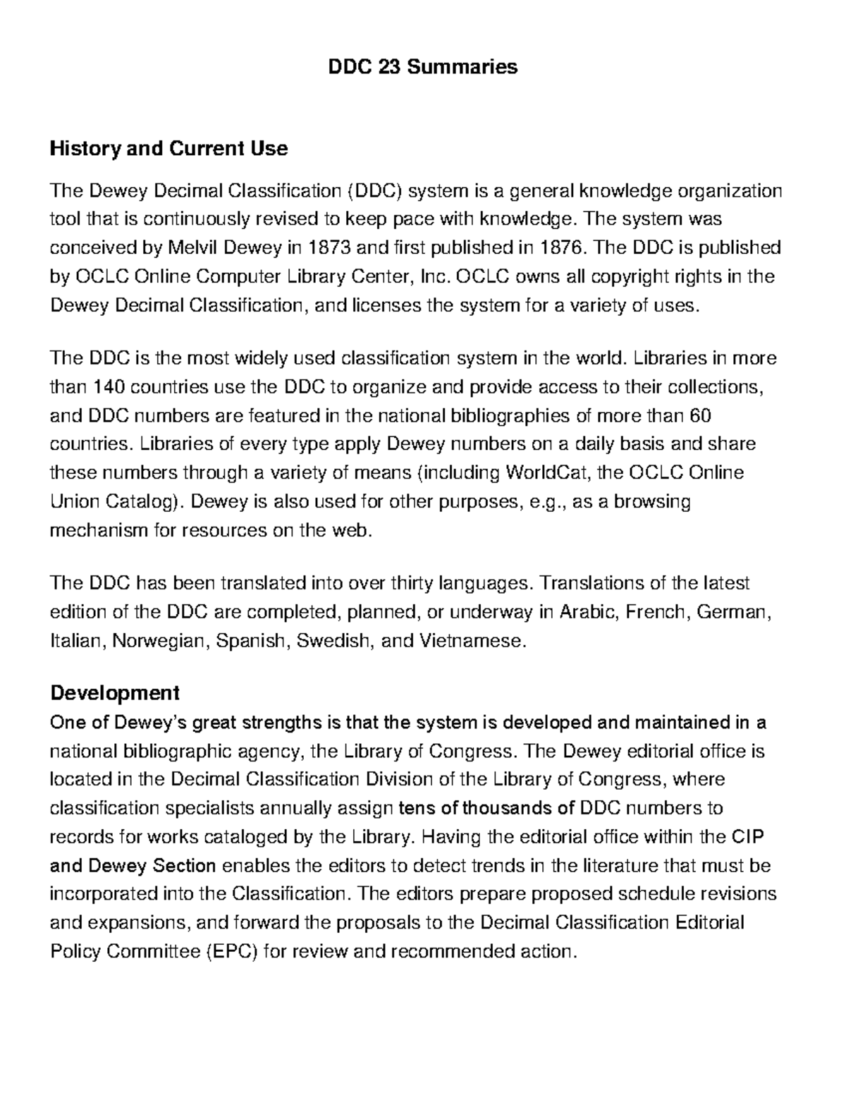 DDC 23 Summaries: Overview of Classification History & Structure - Studocu