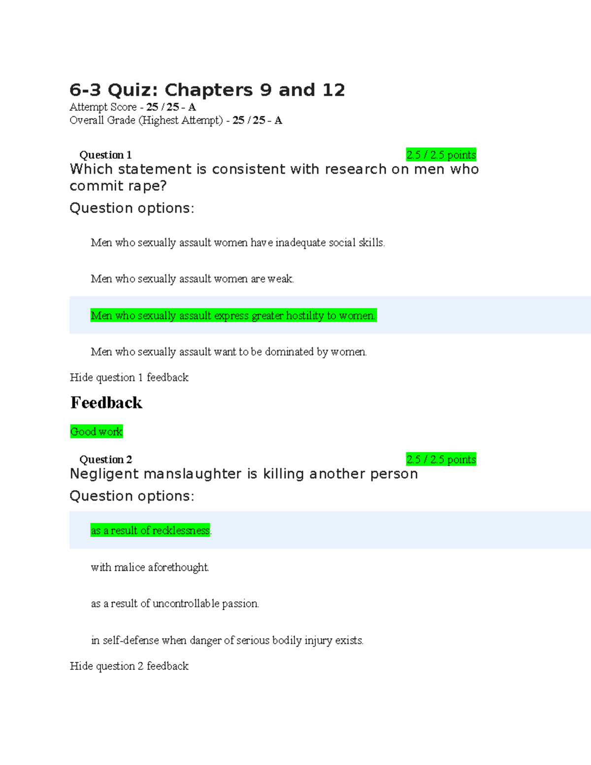 PSY310 - 6-3 Quiz Chapters 9 and 12 - Perfect Score Achieved - Studocu