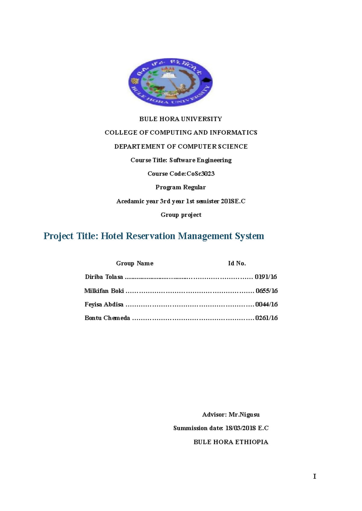 CoSc3023: Hotel Reservation Management System Project Report - Studocu