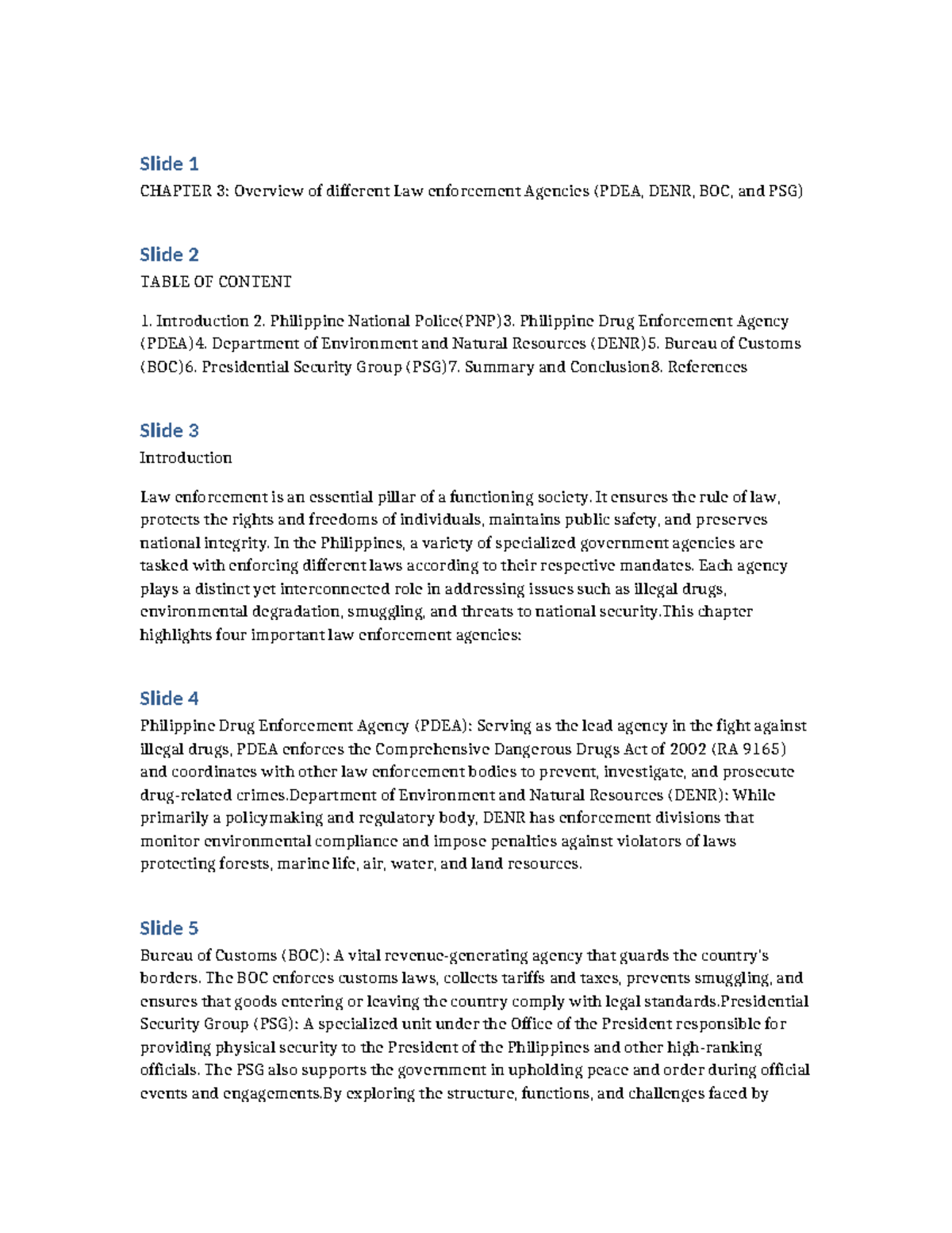 Chapter 3: Overview of Law Enforcement Agencies (PDEA, DENR, BOC, PSG ...
