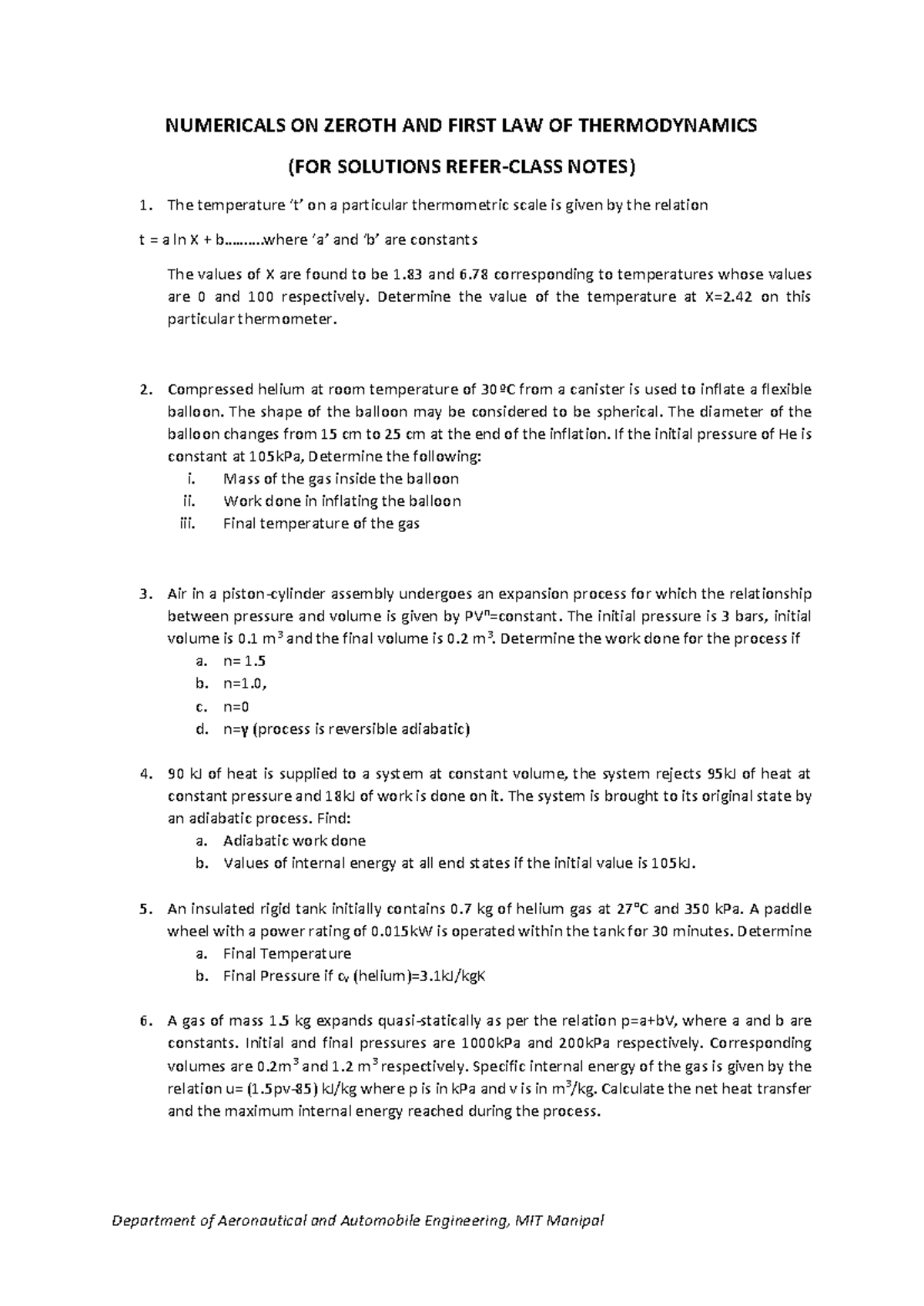 Numerical Problems on Zeroth & First Laws of Thermodynamics (AE101 ...