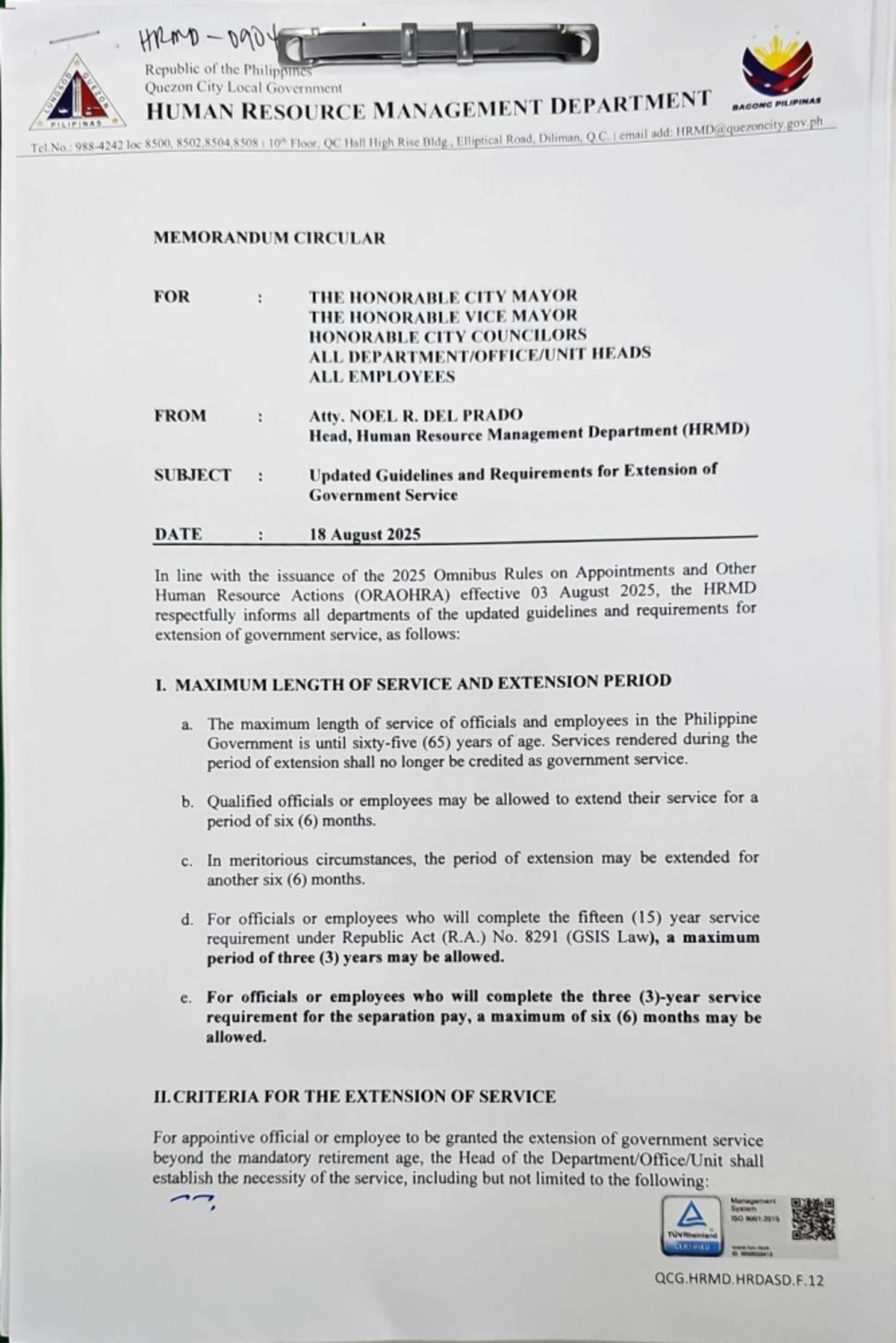 Updated Guidelines for Extension of Government Service (HRMD) - Studocu