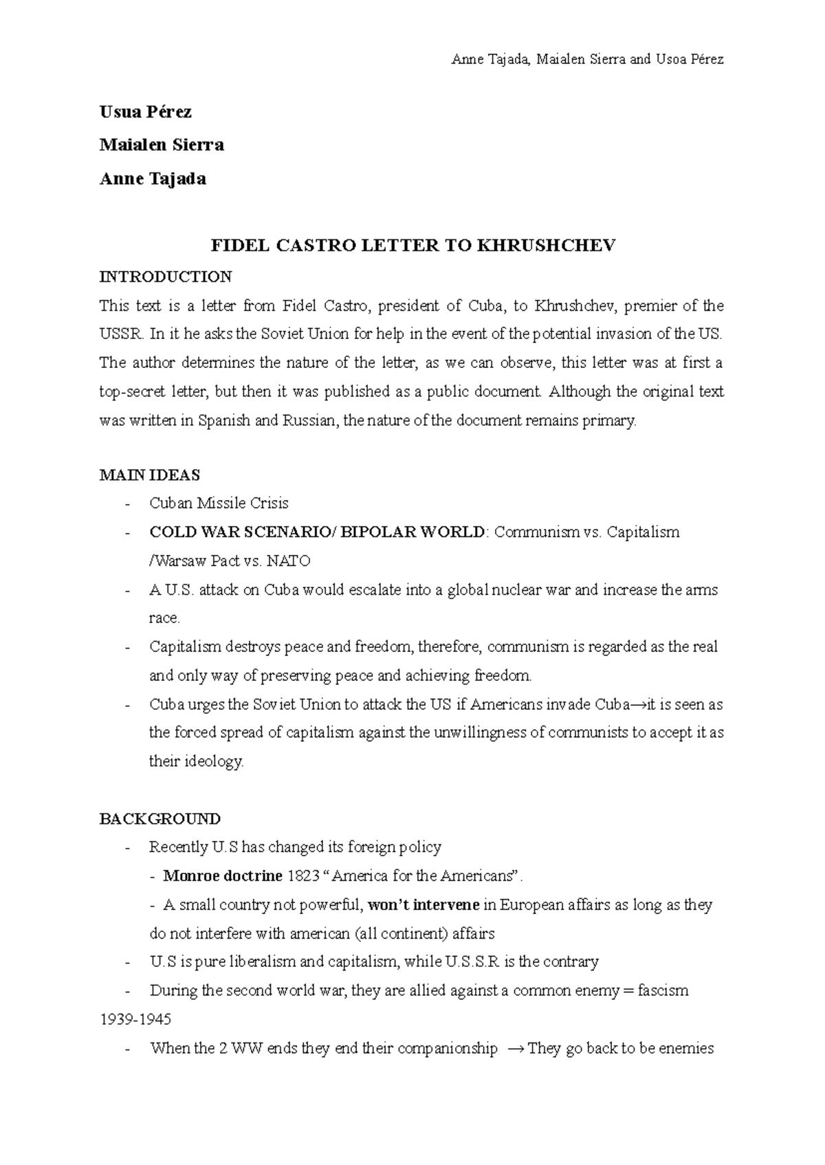 Fidel Castro Letter to Khrushchev - Anne Tajada, Maialen Sierra and ...
