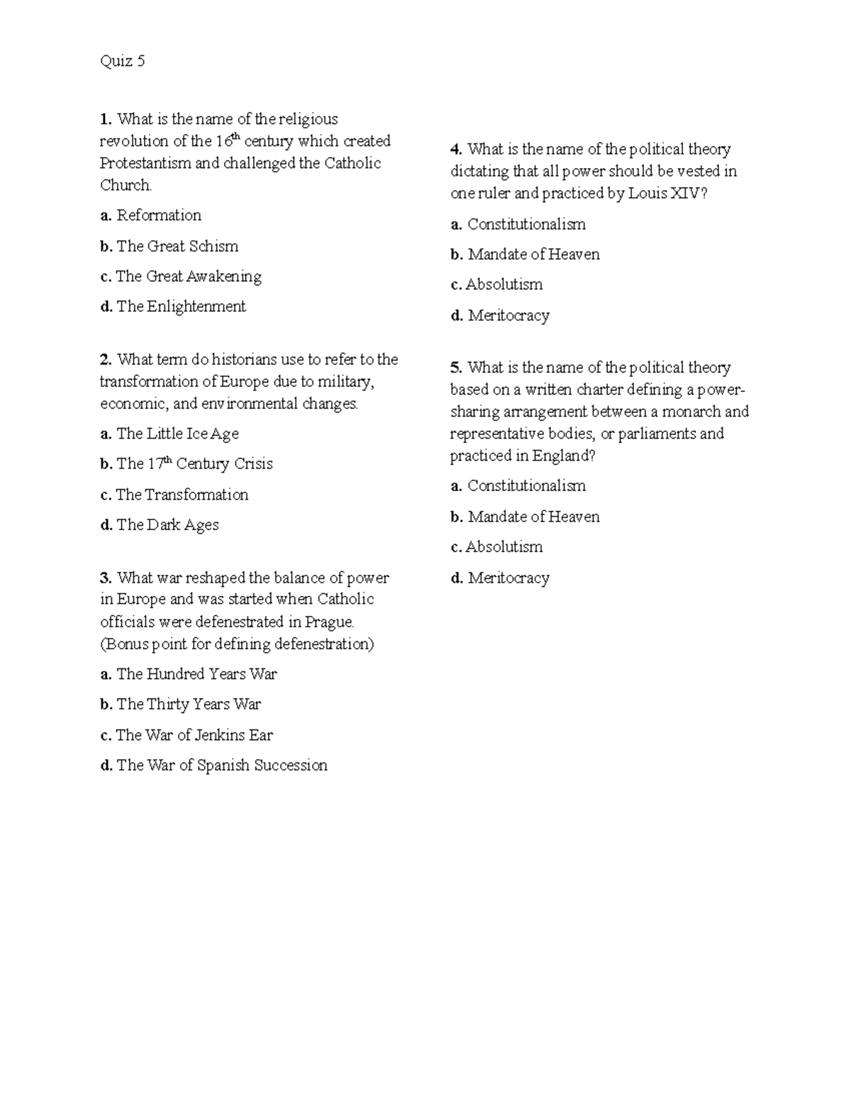 Quiz 5: Key Questions on the Protestant Reformation & European History ...