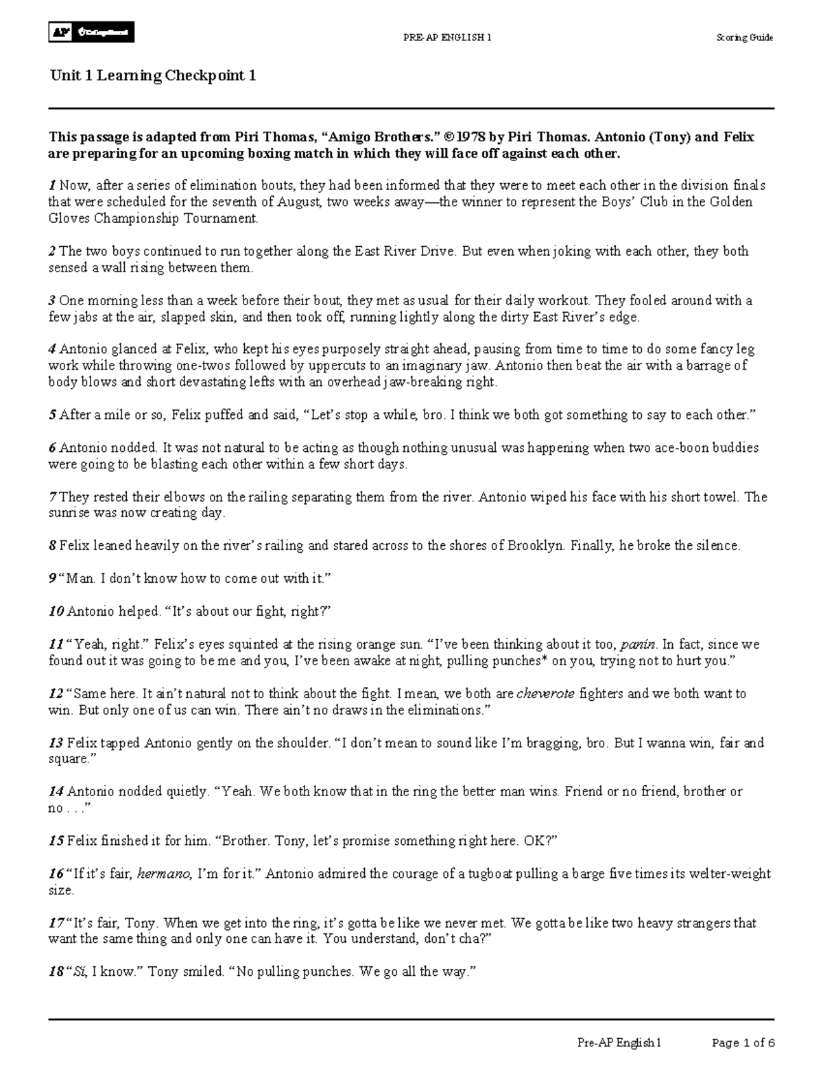 ENGLISH 1 Scoring Guide: Unit 1 Learning Checkpoint Analysis - Studocu