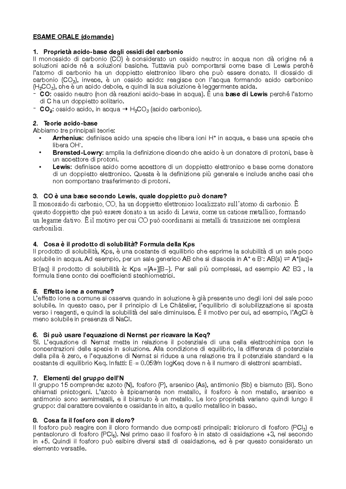 Domande Orali di Chimica - ESAME ORALE - Studocu