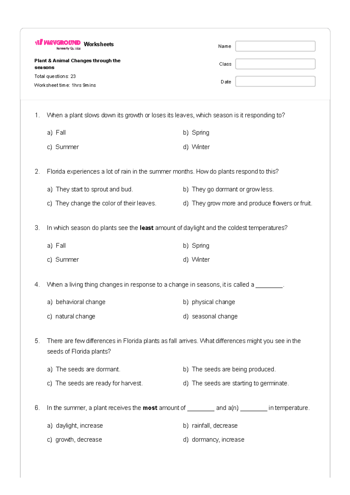 Plant & Animal Changes Through the Seasons Worksheet (Total: 23 Qs ...