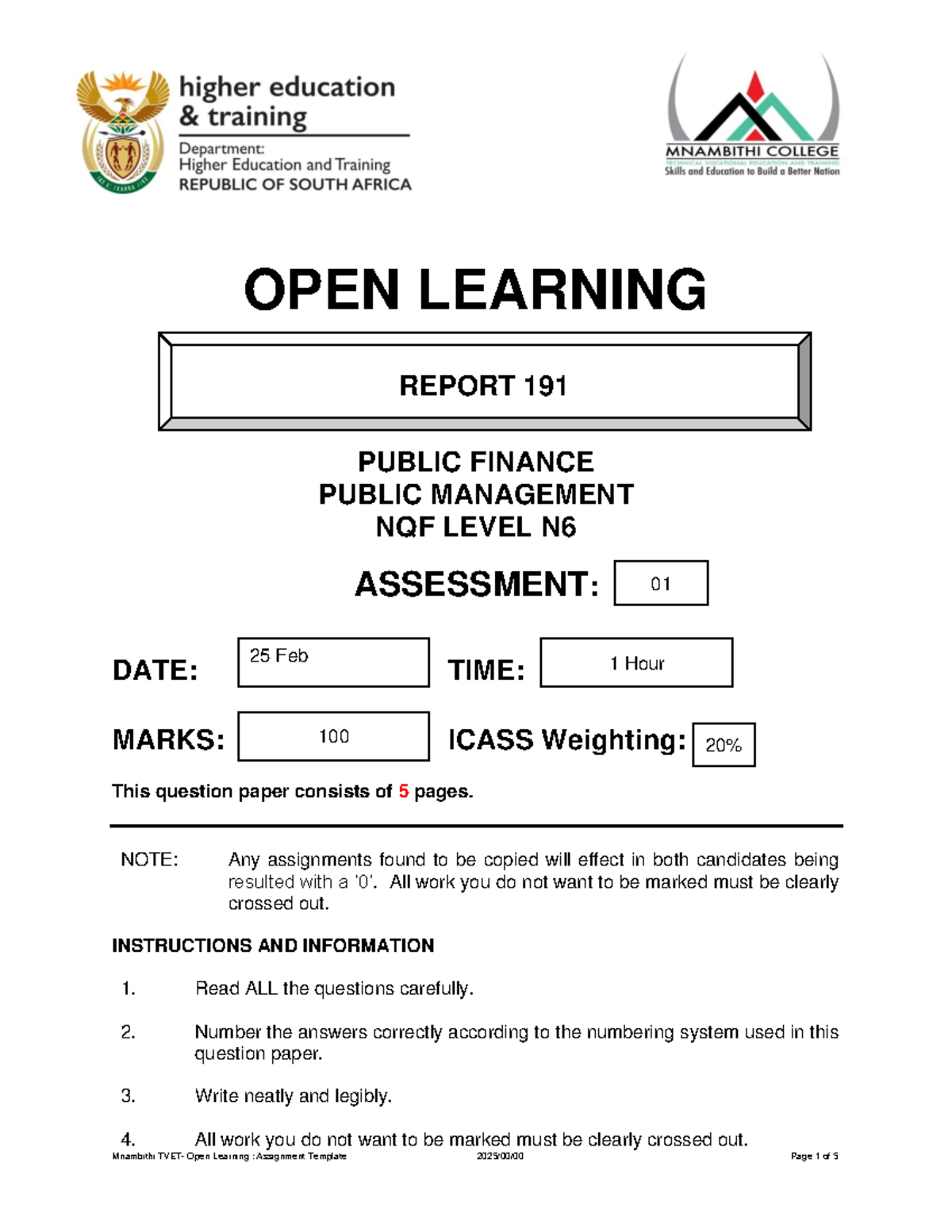 Public Finance N6 Task 1 Question Paper 2025 S1 - Assessment Notes ...