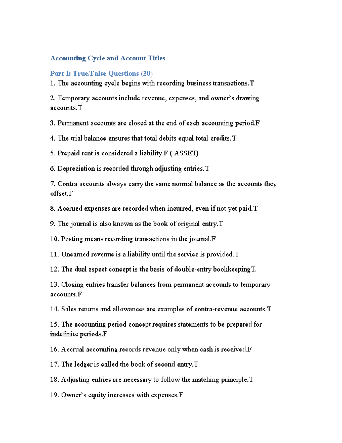 Accounting Cycle and Account Titles: Questions & Answers (ACCT 101 ...