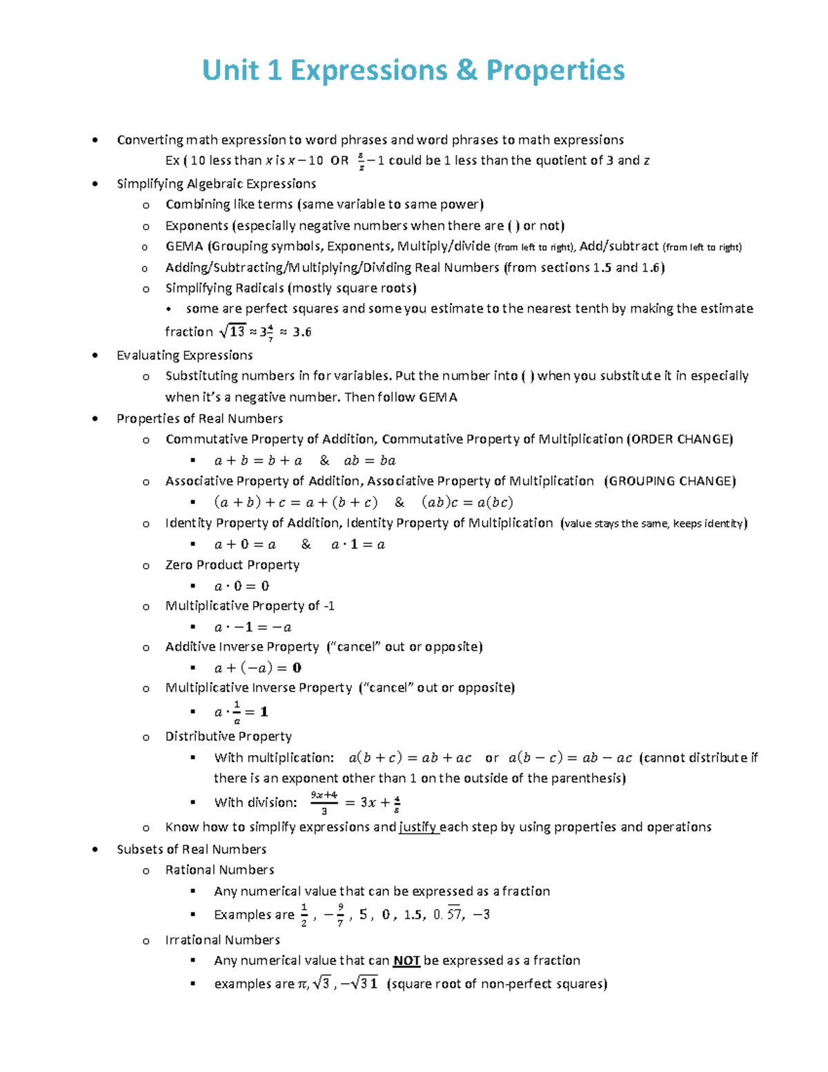 Concept Review Sheet: Algebra Properties & Expressions (Unit 1) - Studocu