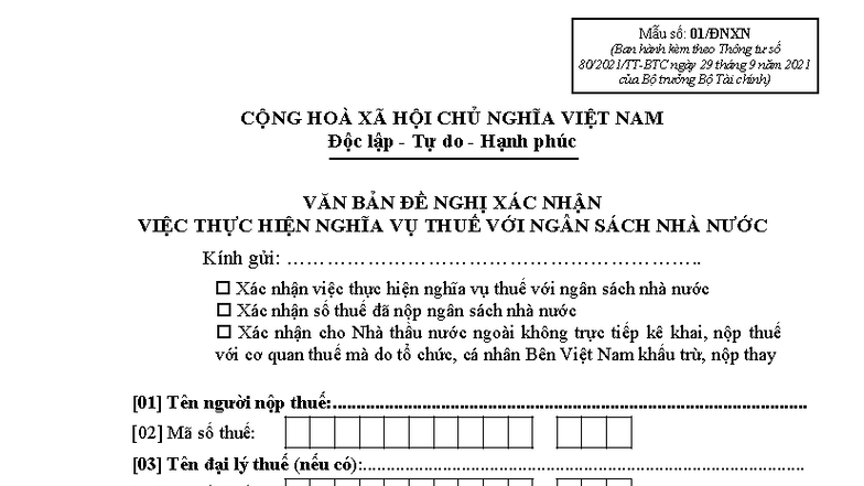 Mẫu số 01 DNXN - Đề nghị xác nhận nghĩa vụ thuế với NSNN - Studocu