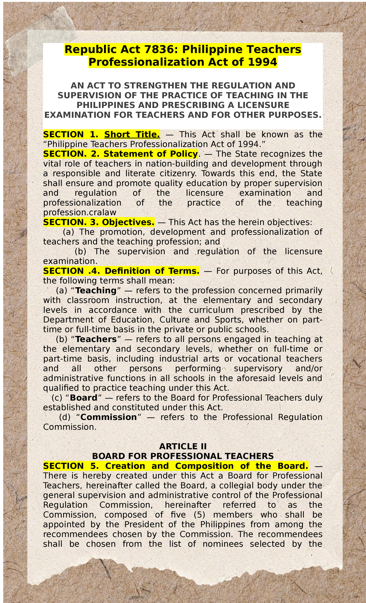 Republic Act 7836 Philippine Teachers Professionalization Act of 1994 ...