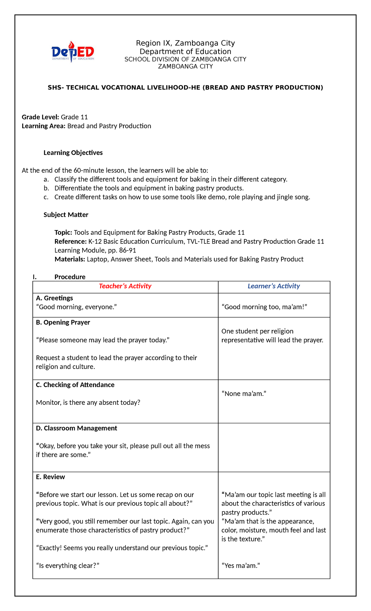 Grade 11 Bread and Pastry Production: Tools & Equipment Overview - Studocu