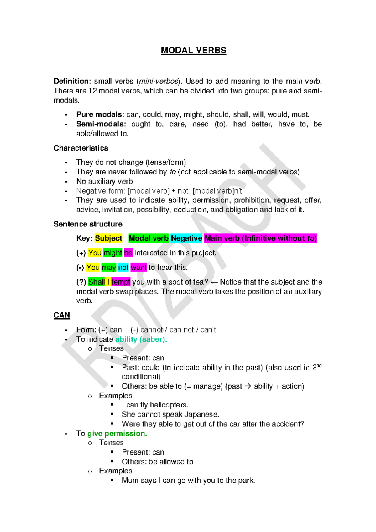 Modal Verbs Overview - ENG 101 Lecture Notes - Studocu