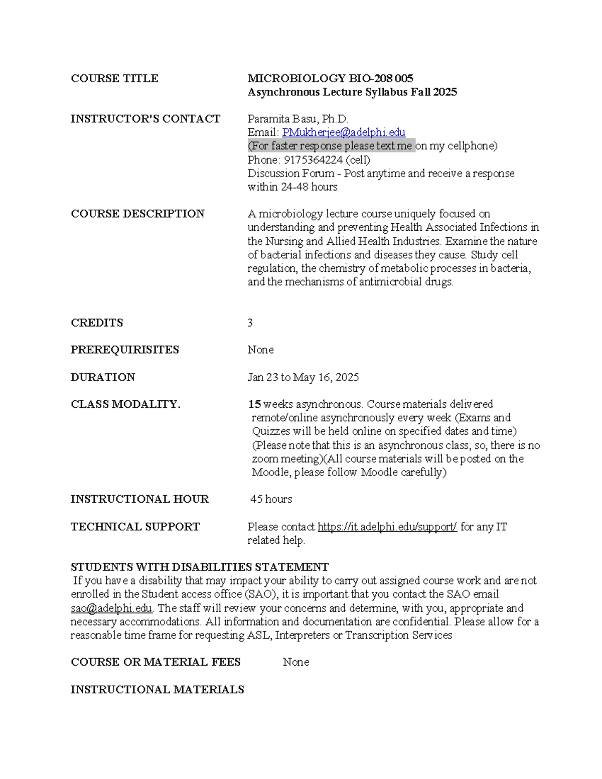 BIO208-005 Microbiology Lecture Syllabus Spring 2025 - Studocu