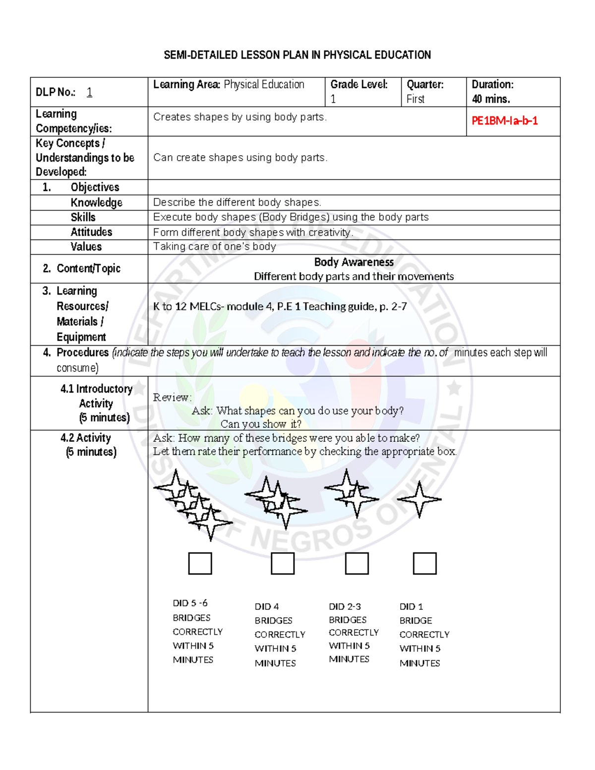 DLP-P: Semi-Detailed Lesson Plans for Physical Education Grade 1 - Studocu