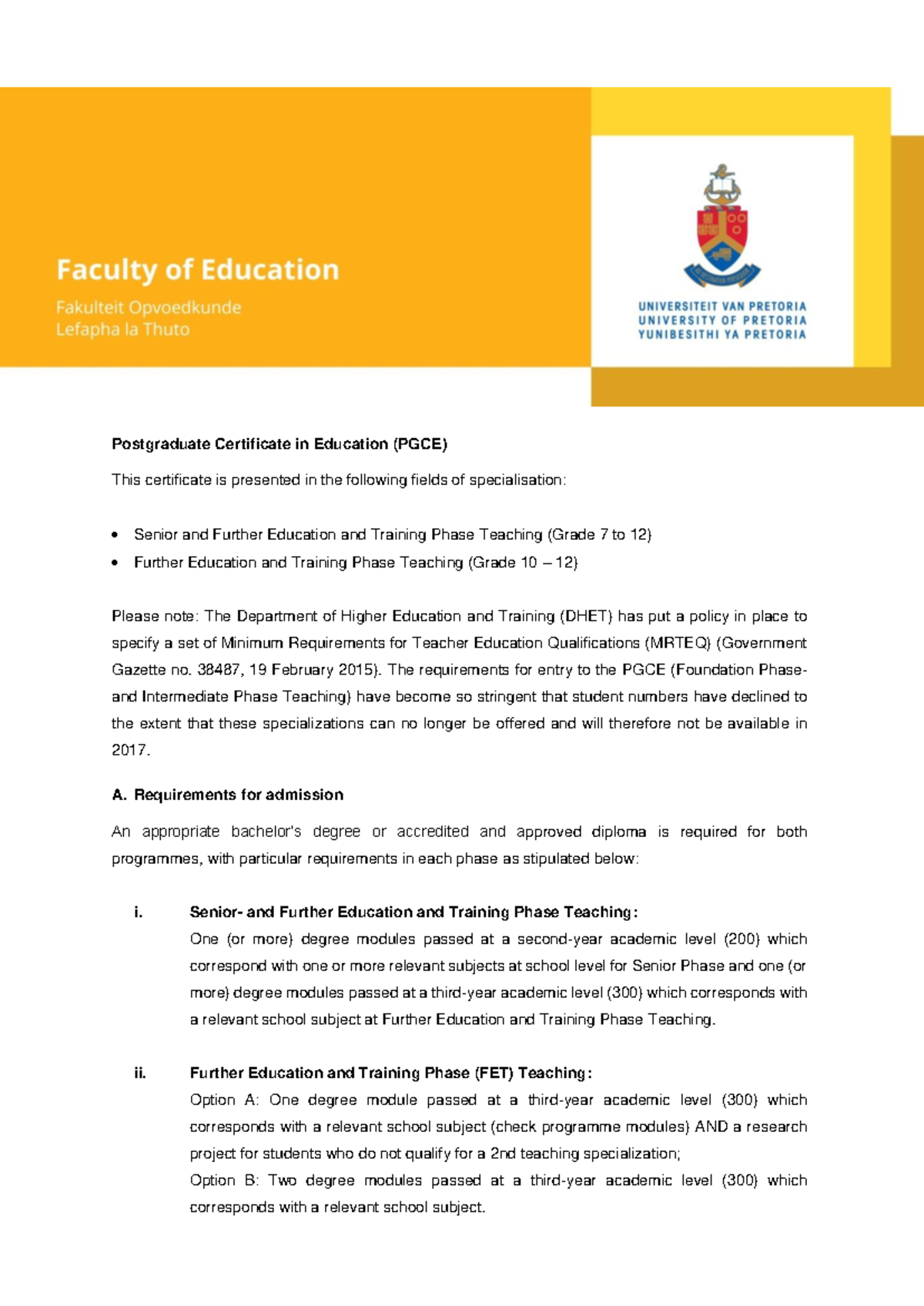 PGCE Program Overview & Admission Requirements (2017) - Studocu