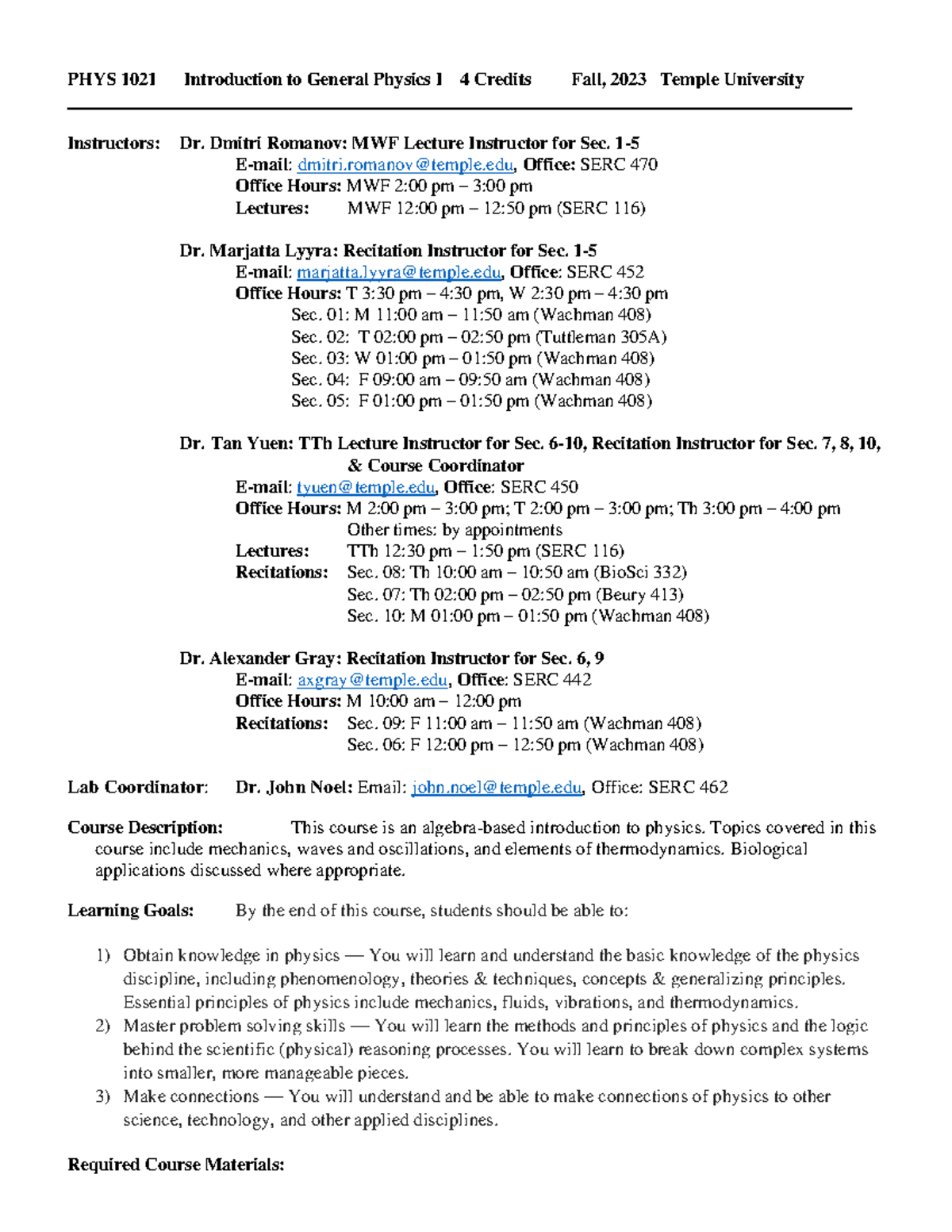PHYS 1021 Fall 2023 Syllabus: Introduction to General Physics I - Studocu