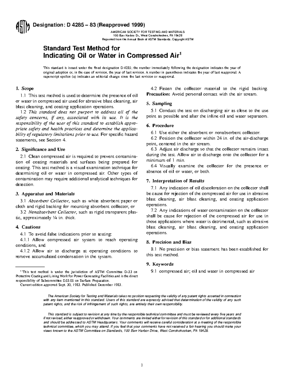 ASTM D 4285-1999 Test Method for Oil/Water in Compressed Air - Studocu