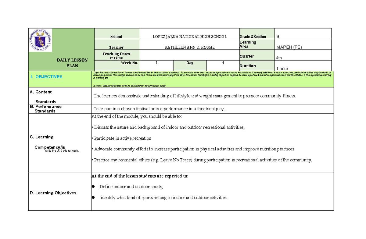 Dance lesson plan MAPEH 7: Weekly objectives and activities - Studocu