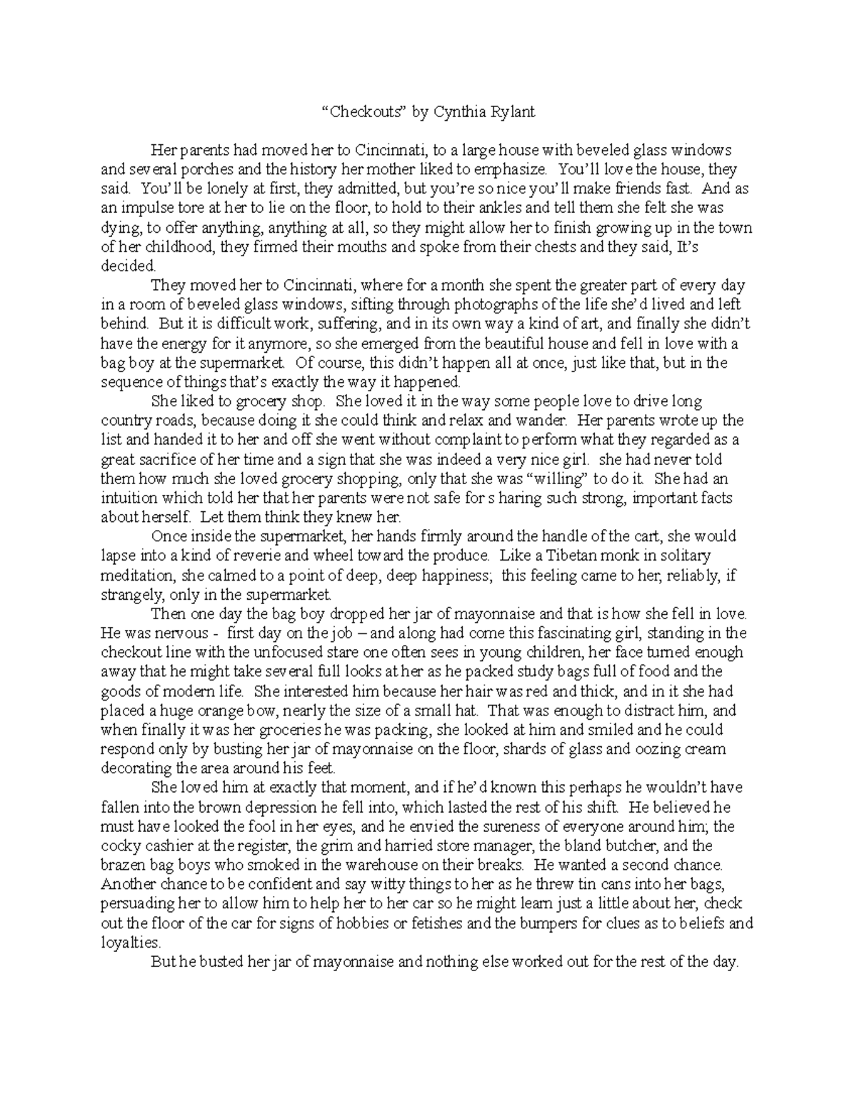 Checkout Love: A Short Story Analysis of Rylant's "Checkouts" - Studocu