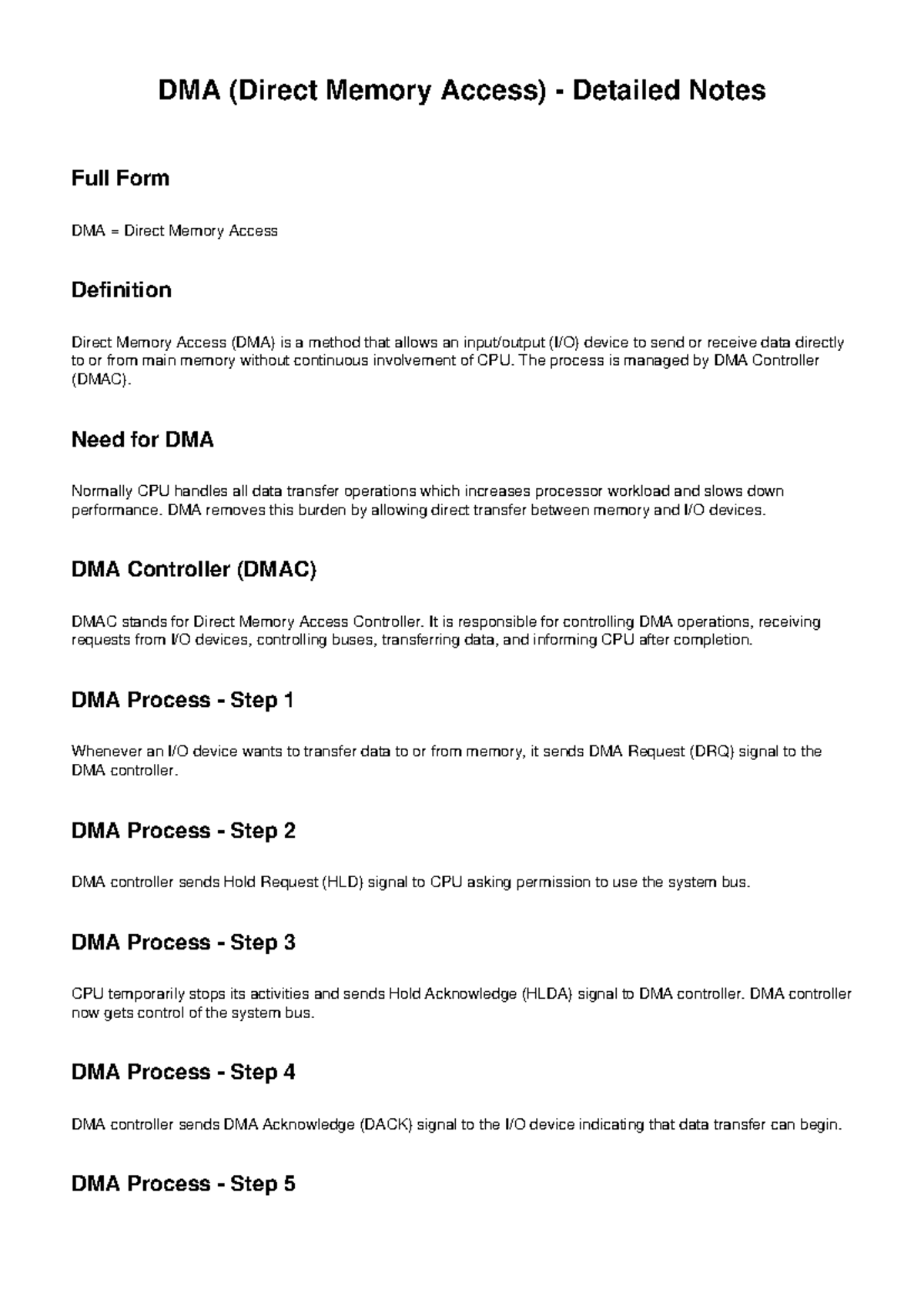 DMA (Direct Memory Access) Detailed Notes and Process Overview - Studocu