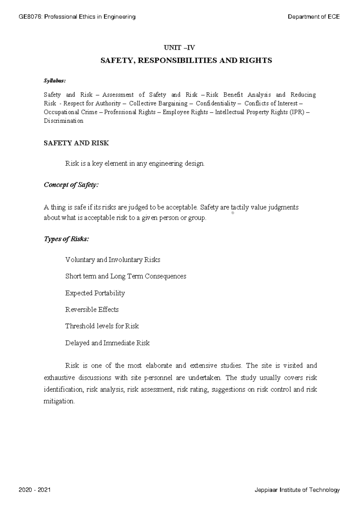 GE8076: Professional Ethics in Engineering - Safety, Responsibilities ...