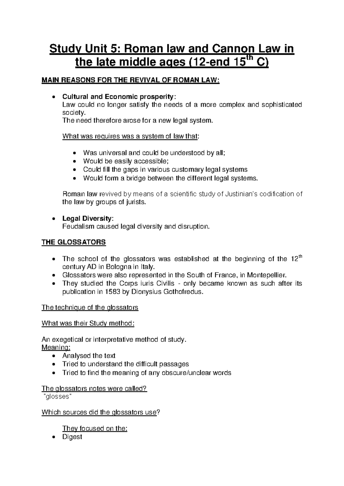 Unit 5 - Roman and Canon Law in Late Middle Ages: Key Concepts - Studocu