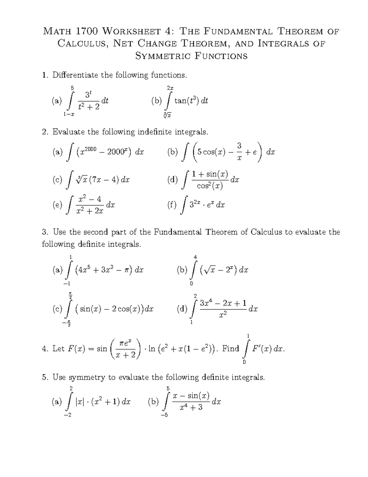 Math 1700 Worksheet 4: Fundamental Theorem of Calculus & Integrals ...