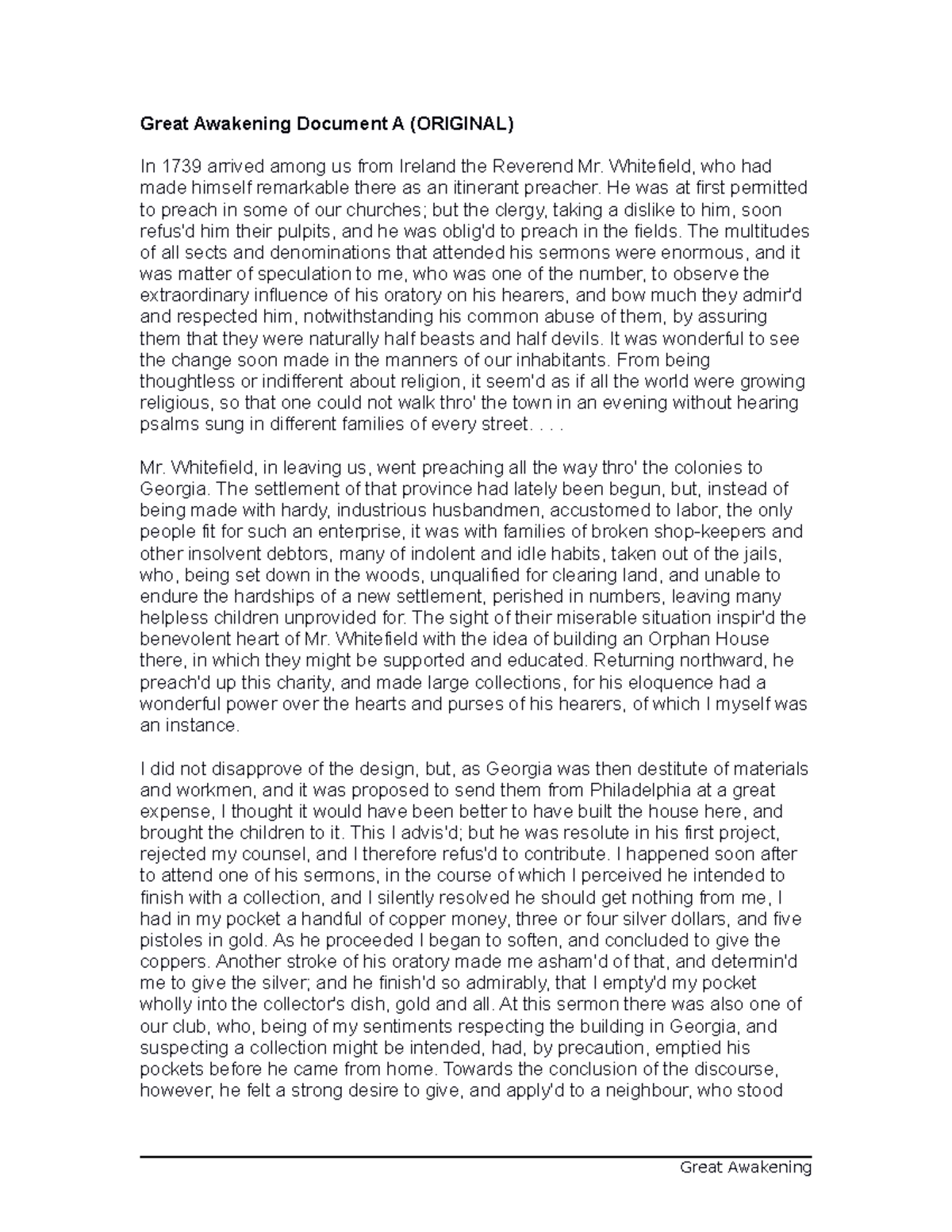 First Great Awakening: Key Documents & Insights (HIST301) - Studocu