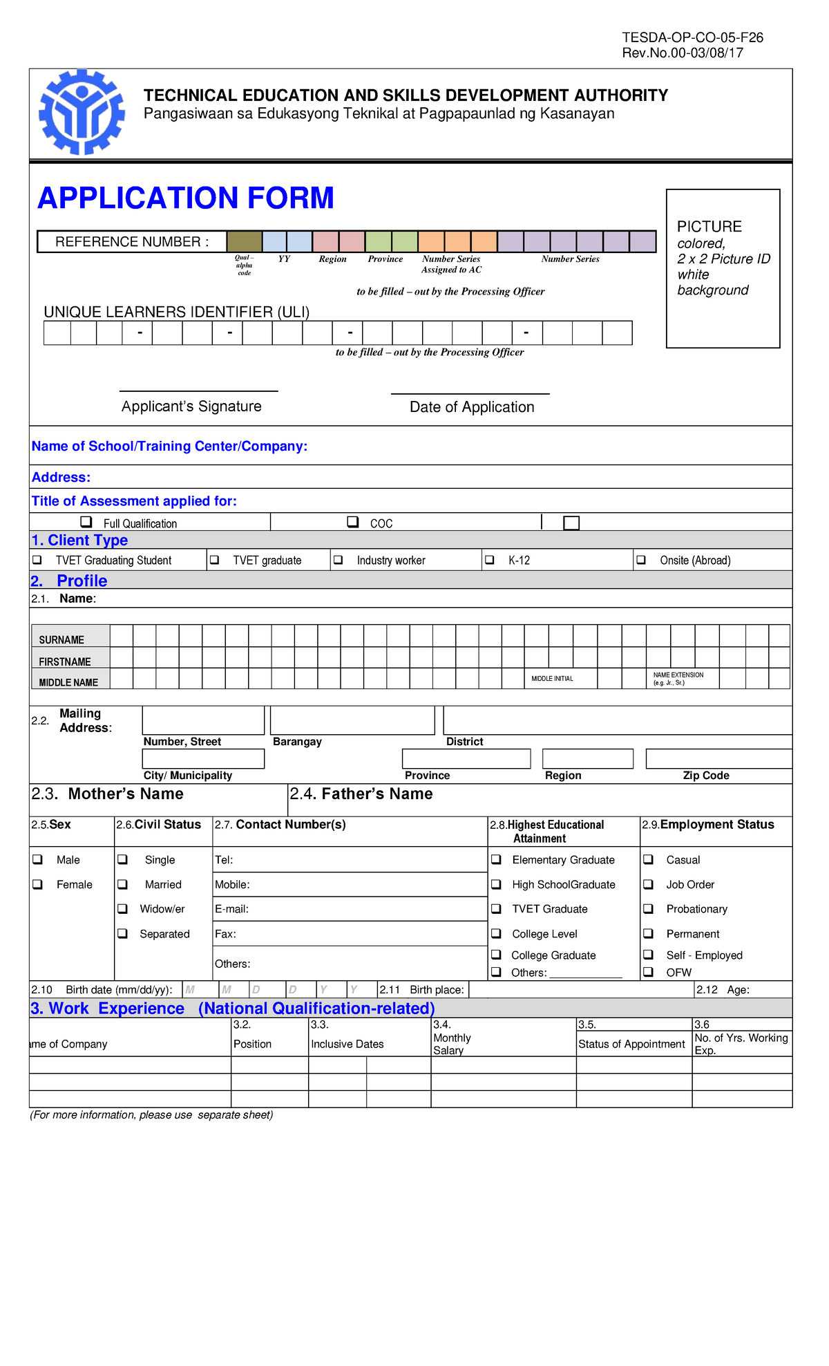 F26-TESDA Application Form for Skills Assessment Submission - Studocu