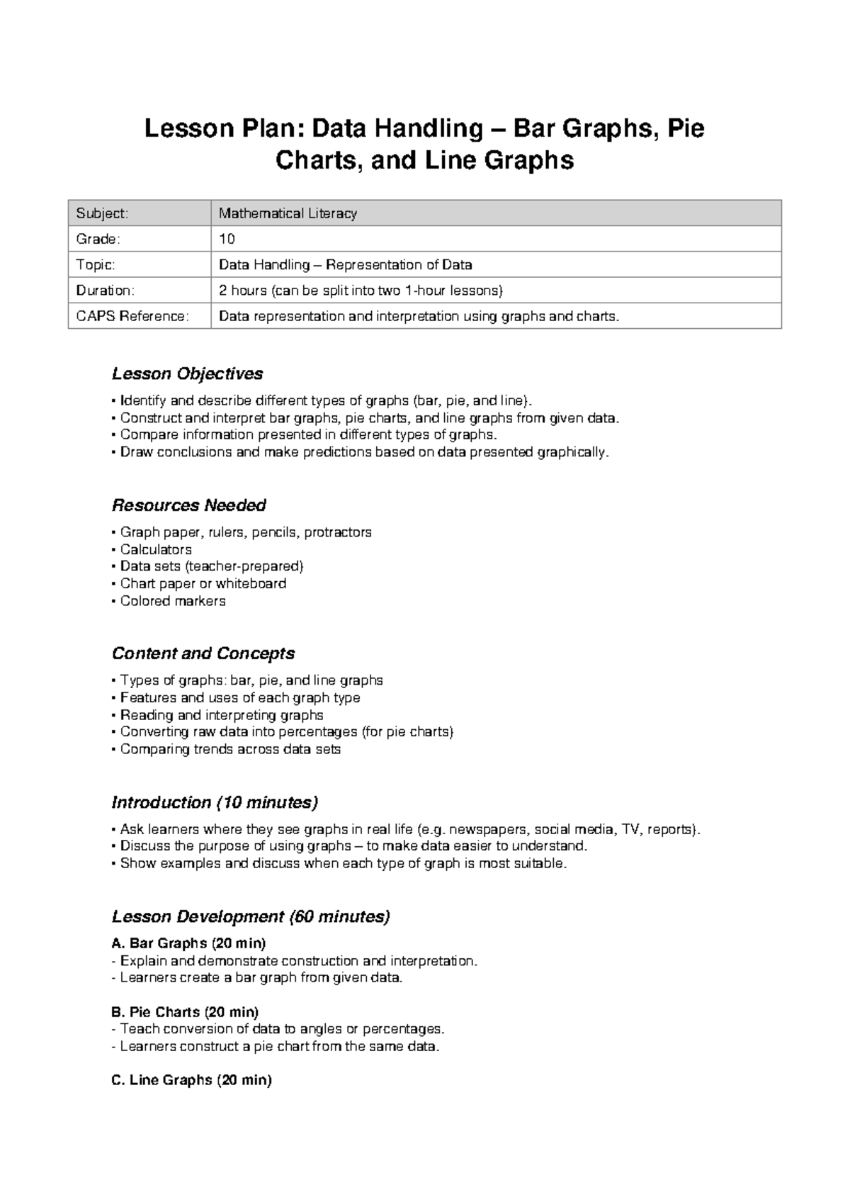 Grade 10 Maths Literacy Lesson Plan: Data Handling with Graphs - Studocu